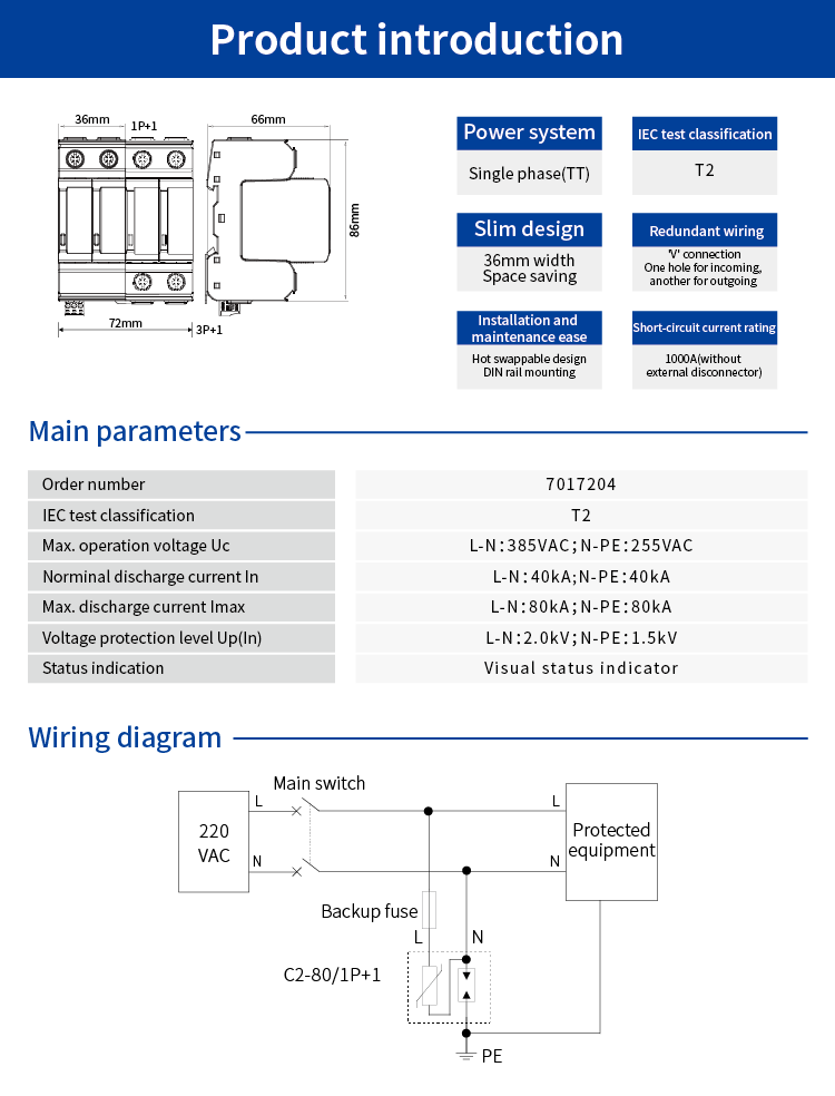C2-80/1P+1 -AC Power SPD (220/380VAC; Single phase TT; In=40kA ...