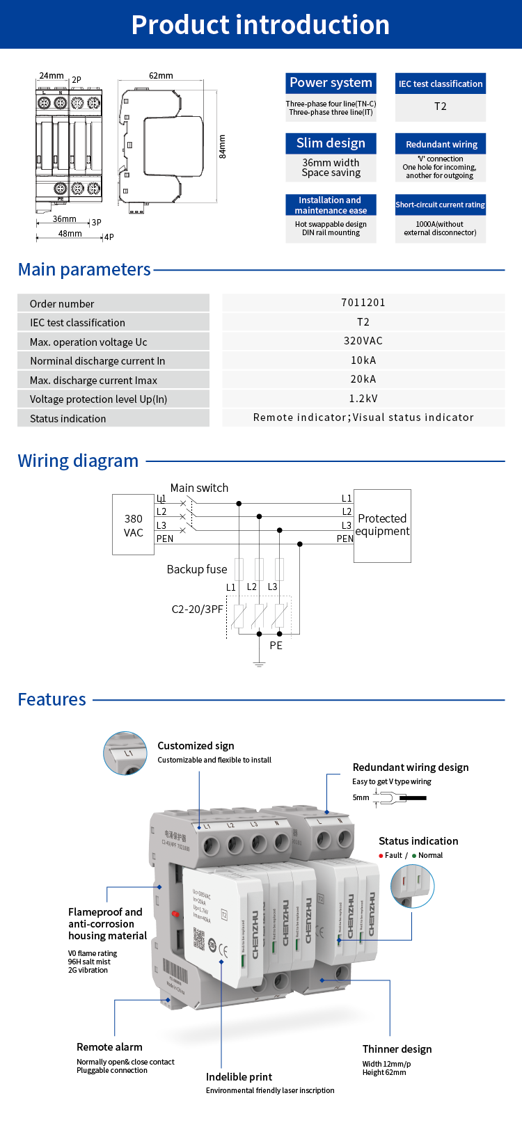 C2-20/3PF-AC Power SPD (220/380VAC; IT or TN-C system, Three phase; In ...